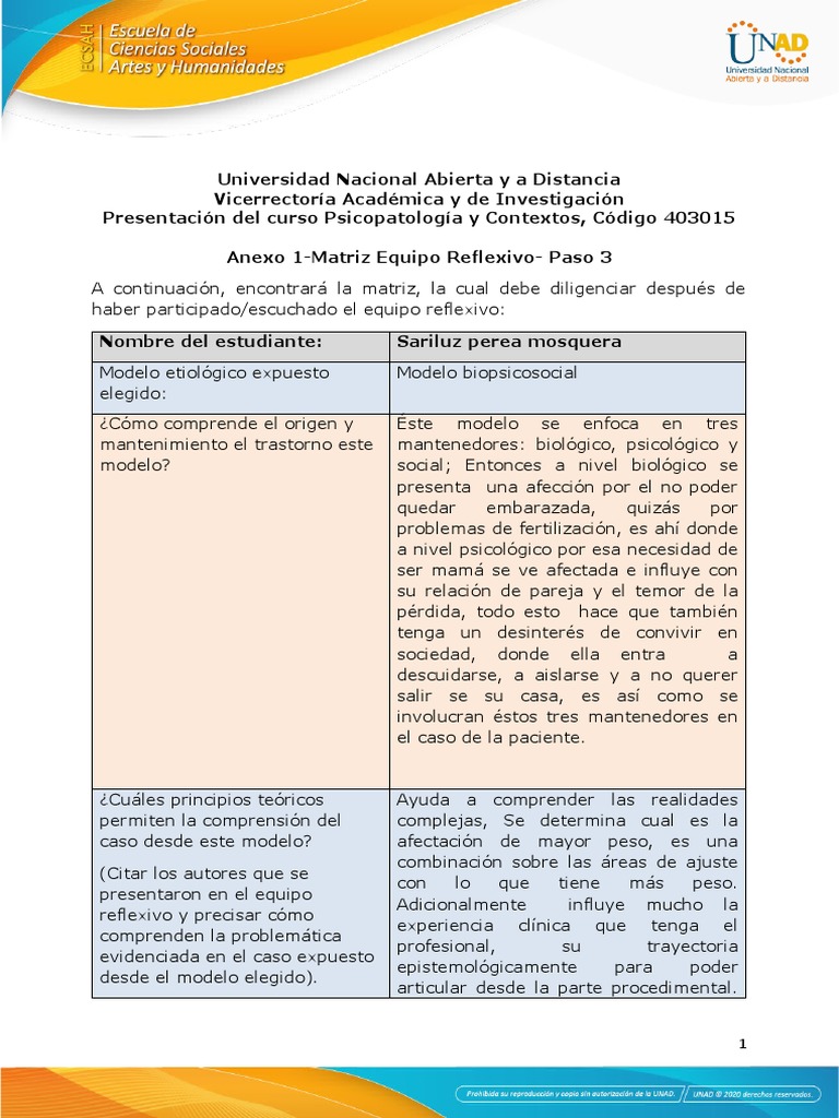 Psicopatologia y Contexto - Matriz Paso 3 | PDF | Sicología | Depresión (estado de ánimo)