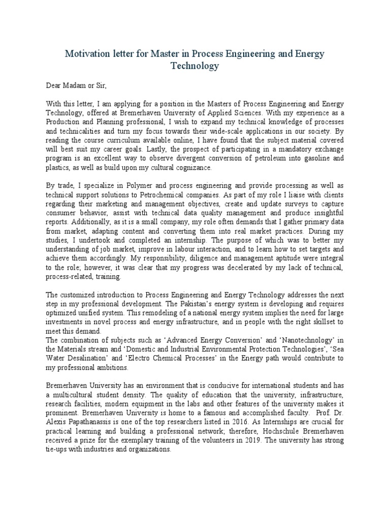 Motivation Letter For Master in Process Engineering and Energy ...