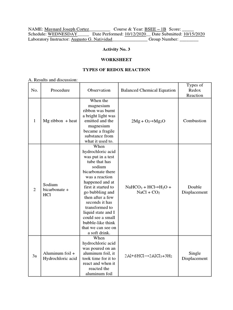 Activity No. 3 Worksheet Types of Redox Reaction | PDF | Redox ...