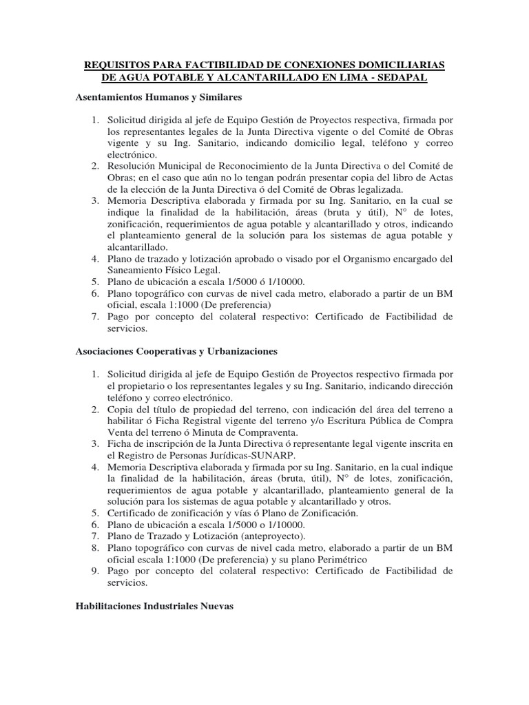 Requisitos Factibilidad Lima | PDF | Alcantarillado | Tubería (transporte de fluidos)