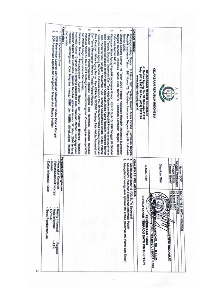 SOP No. 1. Penerimaan Tamu Di PTSP | PDF