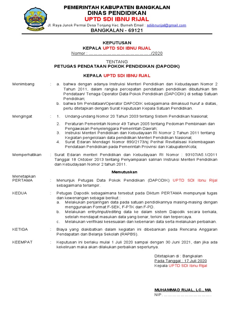 Contoh SK-OPERATOR DAPODIK 2020 | PDF