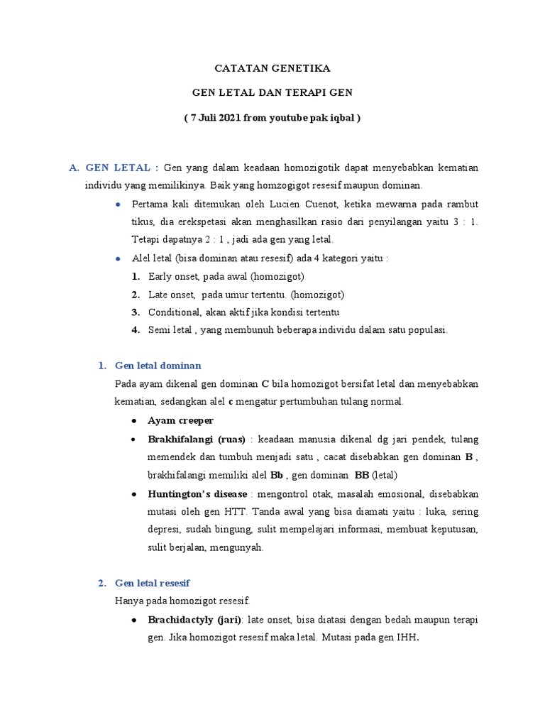 Catatan Genetika Gen Letal Dan Terapi Gen | PDF