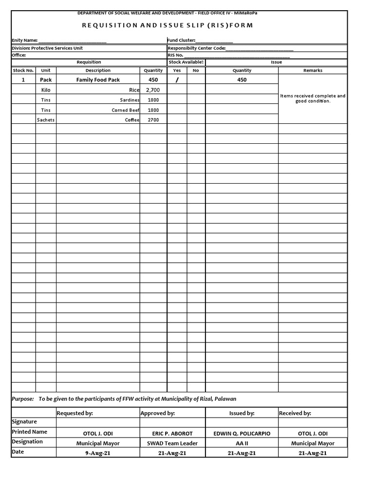Requisition and Issue Slip (Ris) Form: Kilo Rice 2,700 | PDF | Foods ...