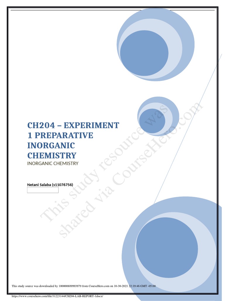 Ch204 Lab Report 1 | PDF | Salt (Chemistry) | Chemical Elements