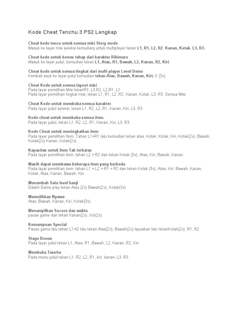 Kode Cheat Tenchu 3 PS2 Lengkap | PDF | Game & Aktivitas | Metode & Bahan Ajar