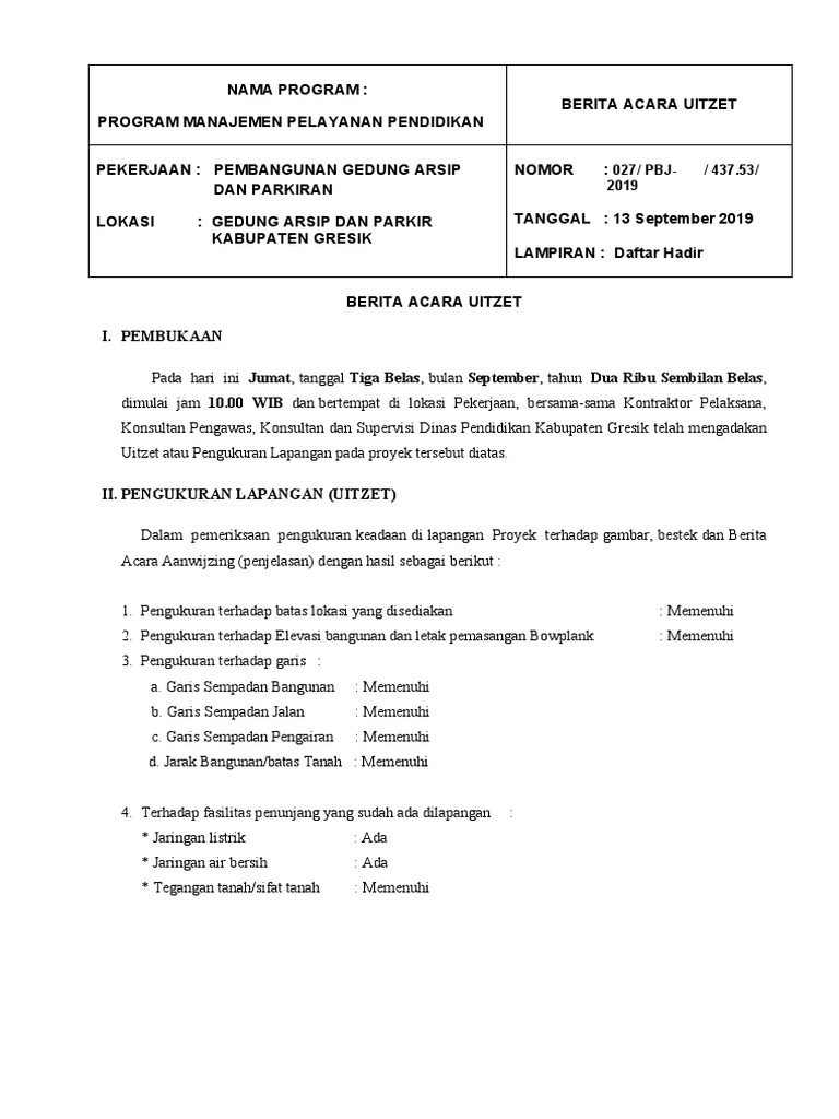Berita Acara Uitzet Pembangunan Gedung | PDF