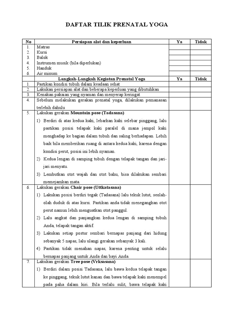 Daftar Tilik Prenatal Yoga | PDF