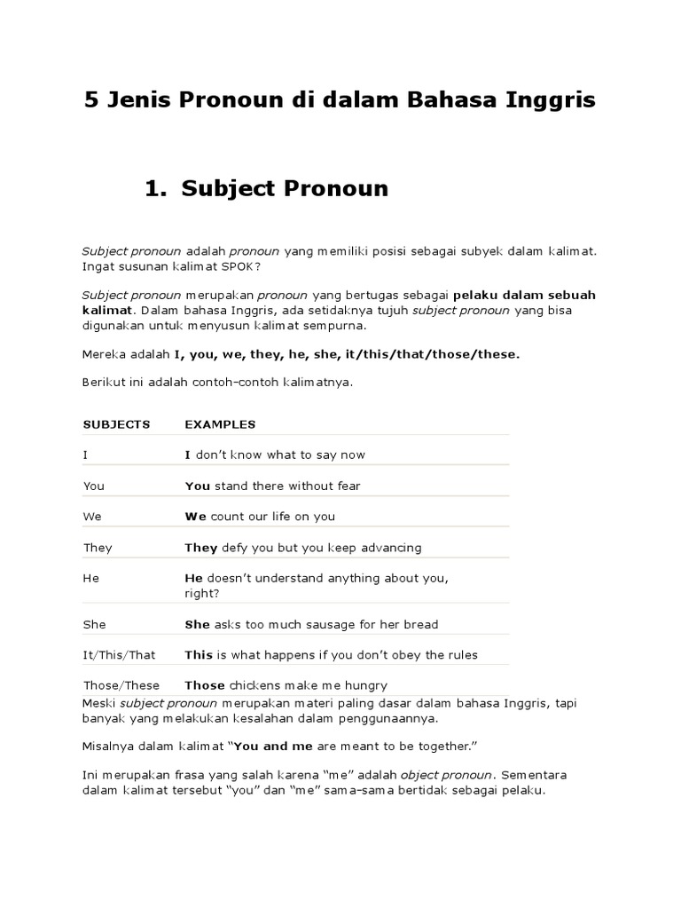 5 Jenis Pronoun dalam Bahasa Inggris | PDF