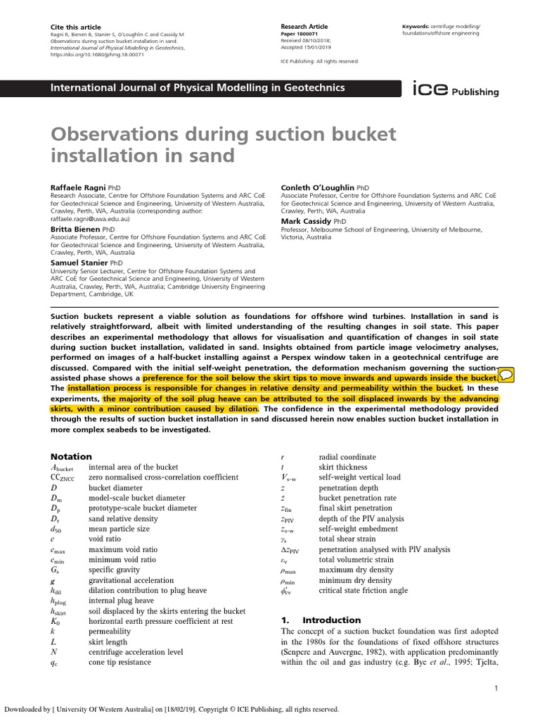 2019 - Ragni Et Al. - Observations During Suction Bucket Installation ...