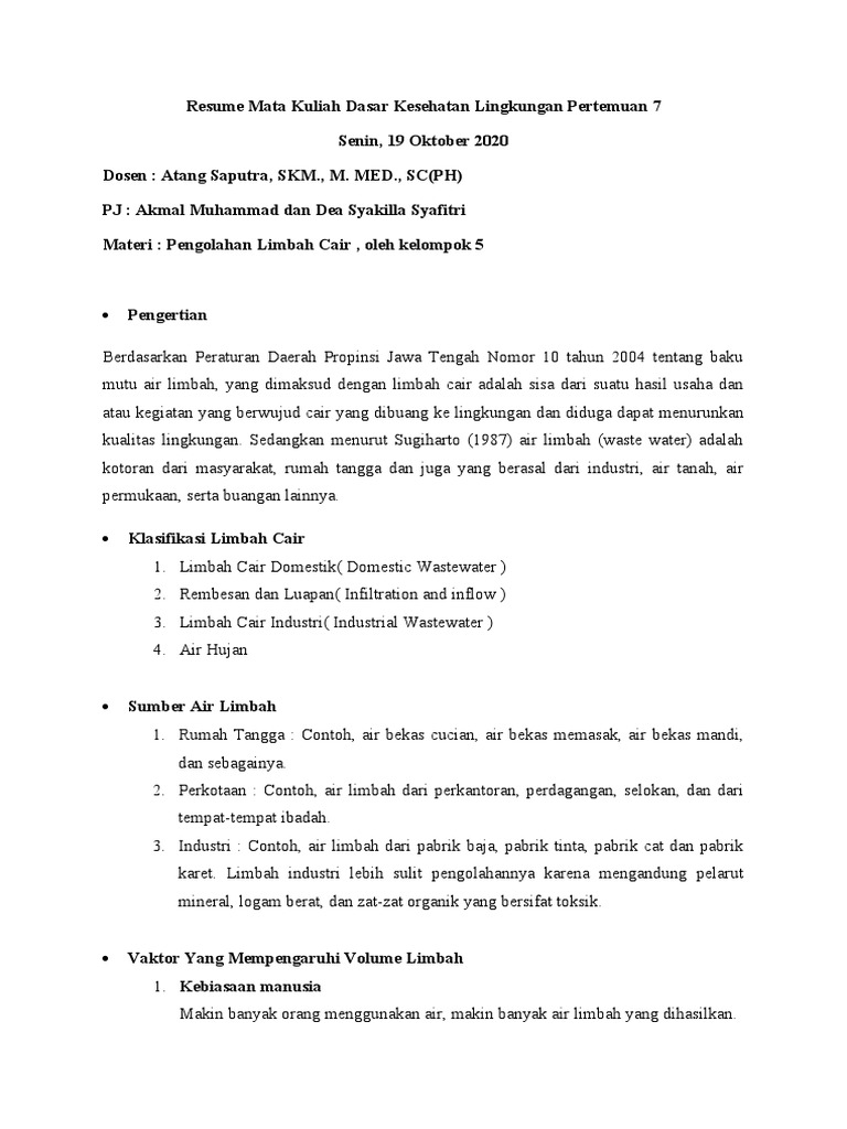 Resume Mata Kuliah Dasar Kesehatan Lingkungan Pertemuan 7 | PDF