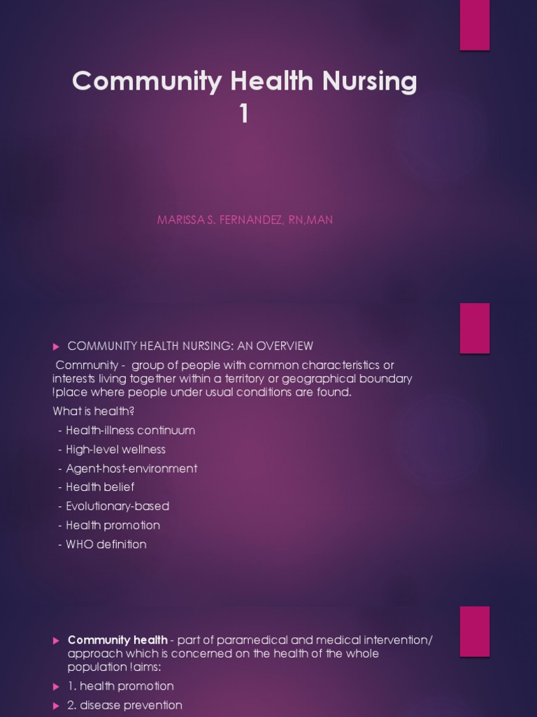 Community Health Nursing 1: Marissa S. Fernandez, RN, Man | PDF ...