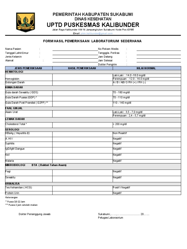 Template Hasil Lab Dan Form Lab PKM Kalibunder Edit | PDF