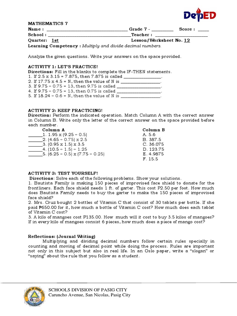 Math 7 Q1 DW12 | PDF | Mathematics