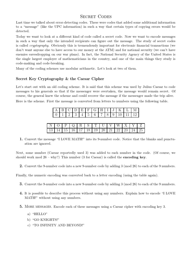Secret Codes: Secret Key Cryptography & The Caesar Cipher | PDF ...