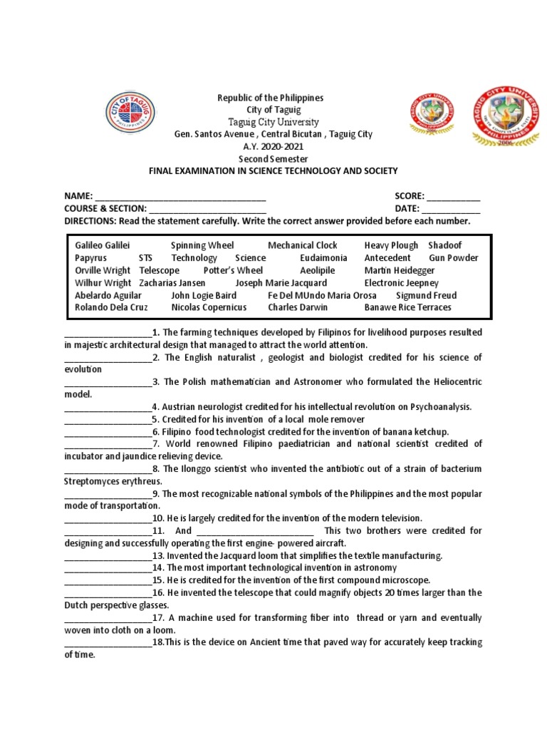 Sts - Final Examination.2021 | PDF | Science | Yarn
