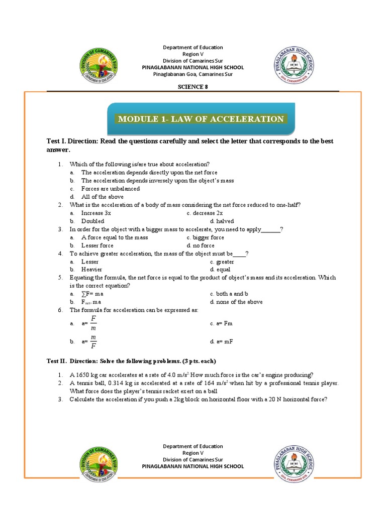 Laws of Motion and Acceleration Test | PDF | Force | Newton's Laws Of ...