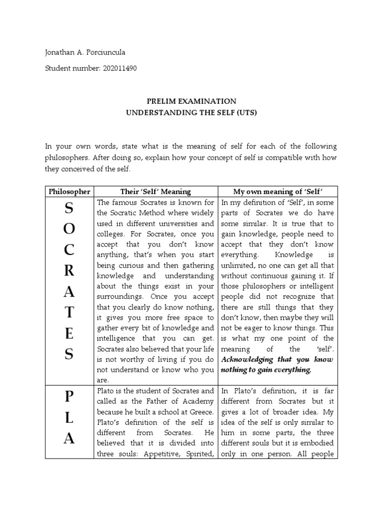 S O C R A T E S P L A: Prelim Examination Understanding The Self (Uts ...