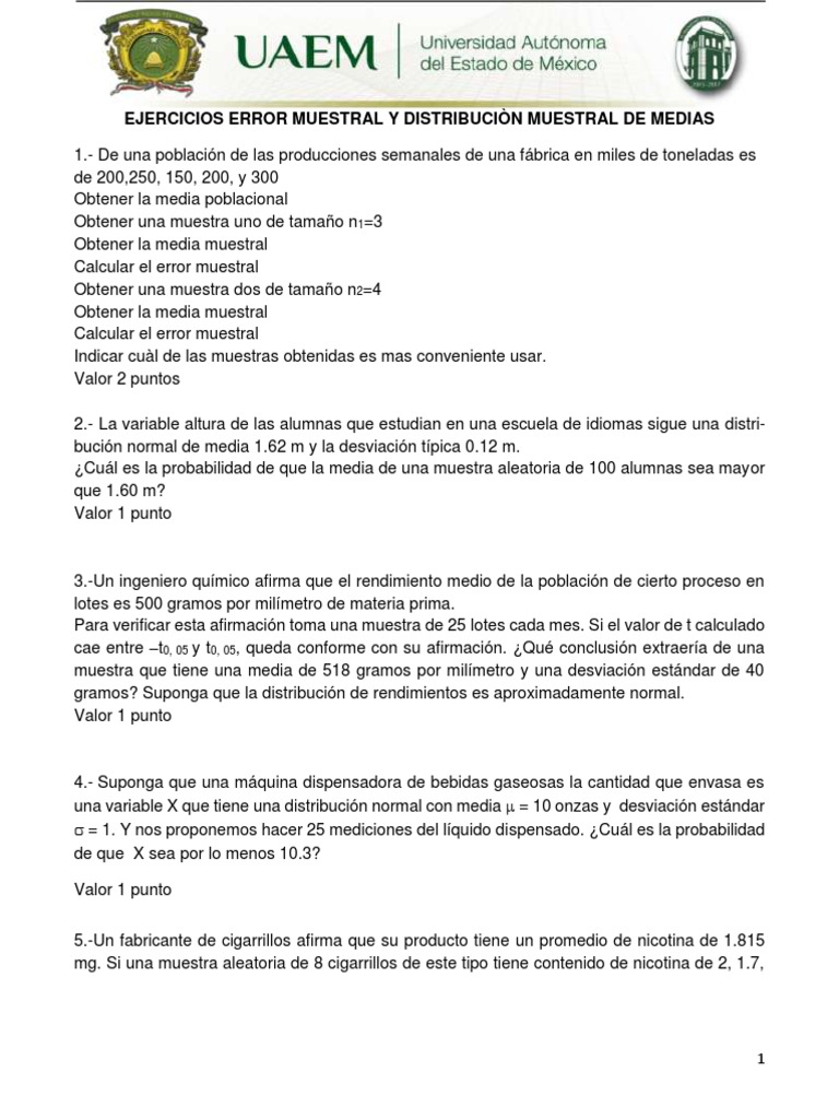 Ejercicio Error Muestral y Distribuciòn Muestra de Medias | PDF ...