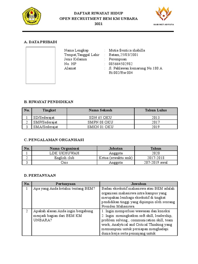 CV Mutia Frentica: Pengalaman dan Motivasi BEM UNBARA | PDF