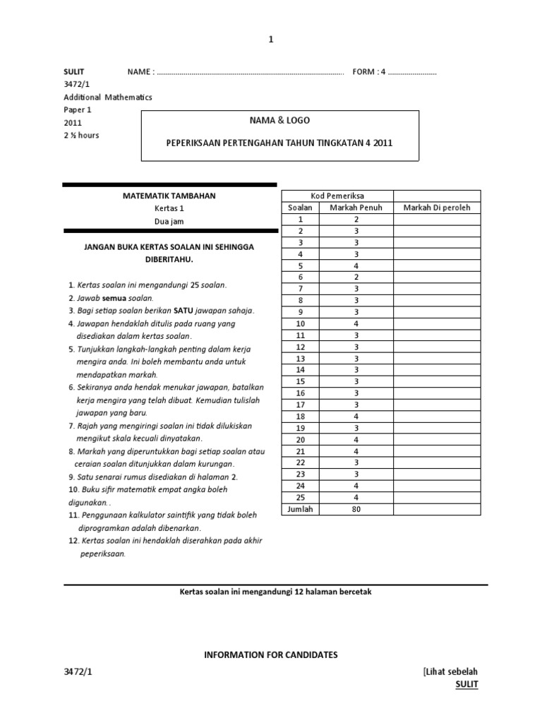 Add Math p1 Form 4 Mid Year | PDF