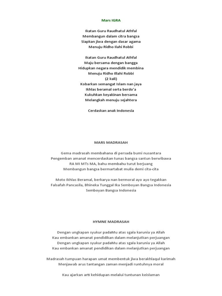 Mars IGRA, Madrasah Dan Himne Madrasah | PDF