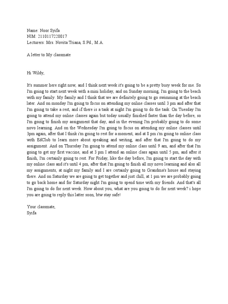 Weekly Plans and Activities Letter | PDF
