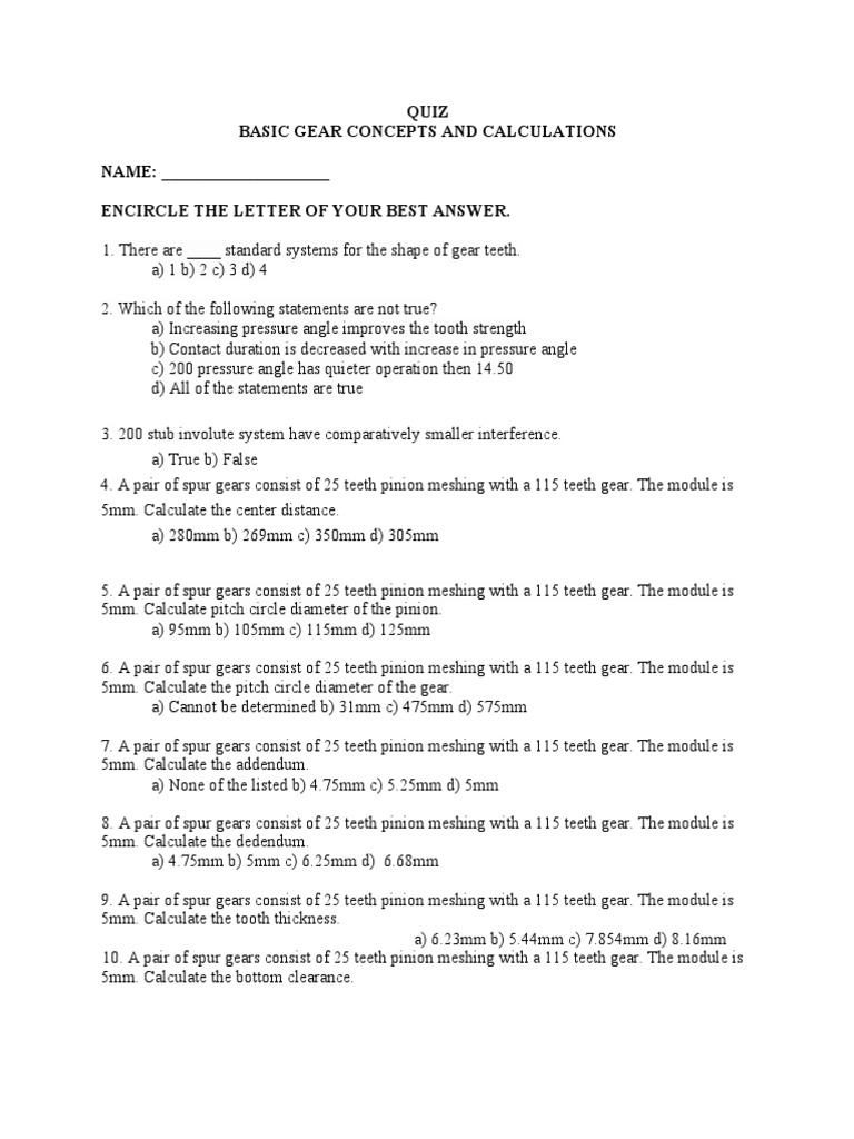 Basic Gear Quiz and Calculations | PDF | Gear | Mechanical Engineering