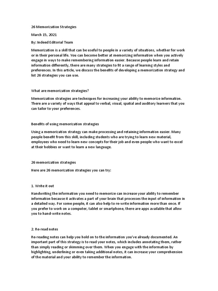 26 Memorization Strategies | PDF | Flashcard | Learning