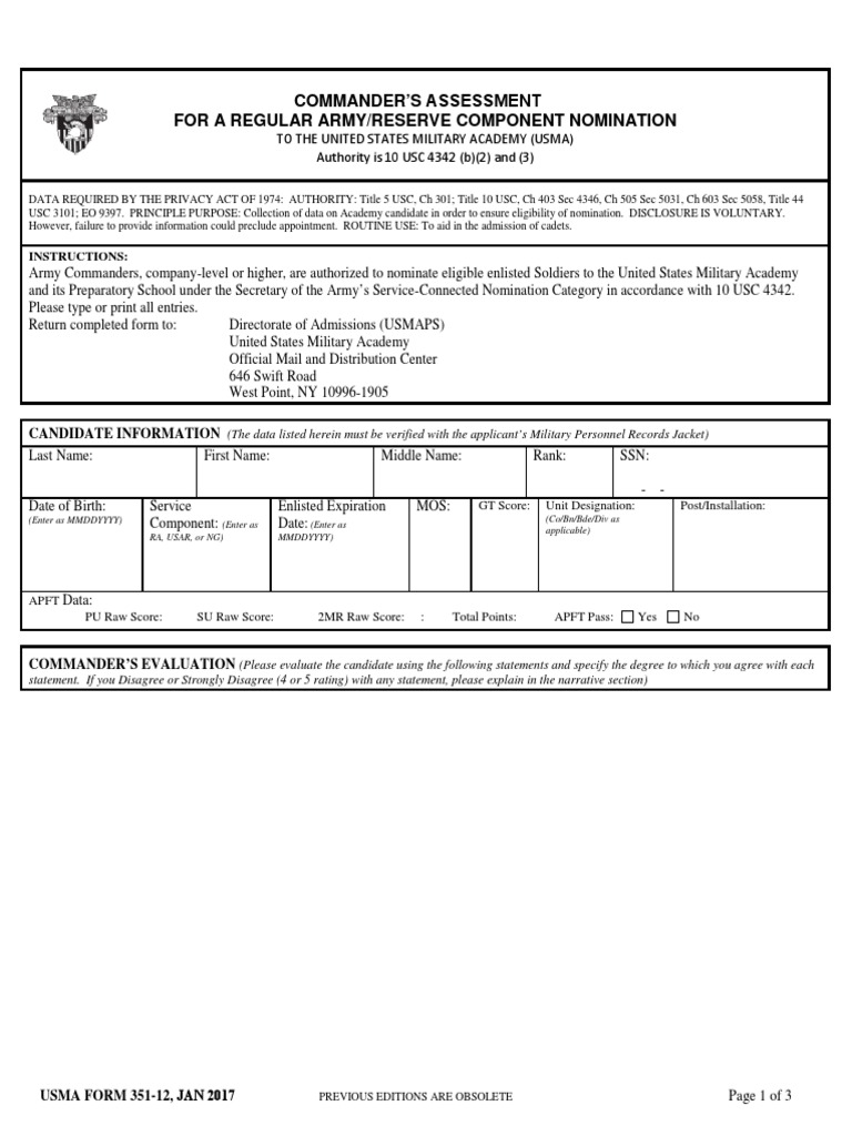 Commanders Assessment USMA Form 351-12 | PDF | United States Military ...