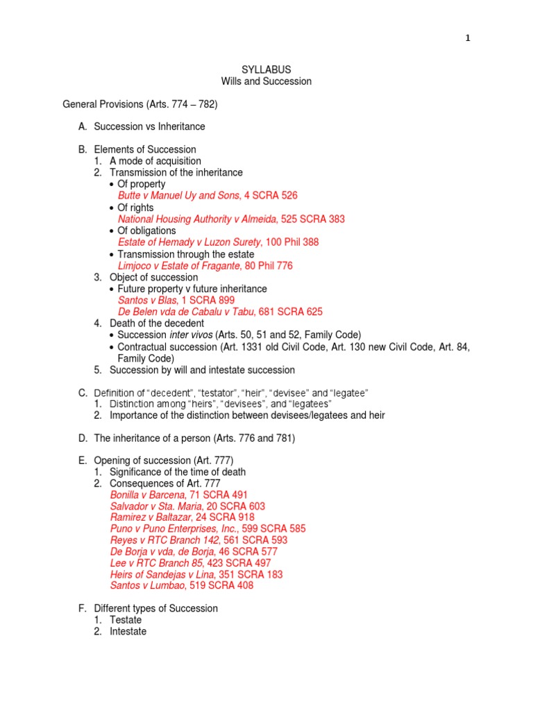 Wills and Succession Syllabus | PDF | Will And Testament | Intestacy