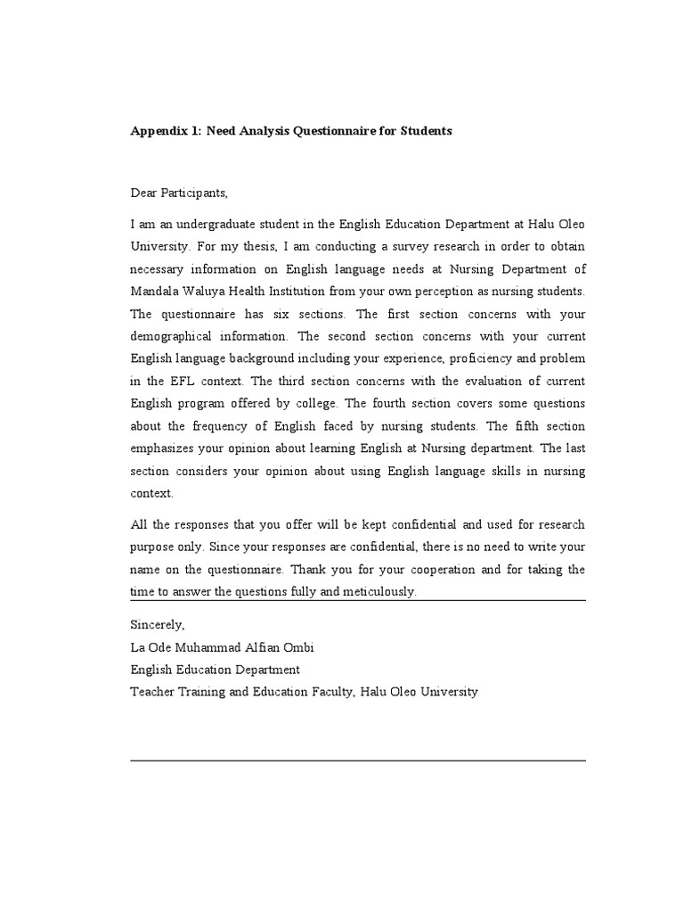 Appendix 1 - Questionnaire For Students | PDF | Medical Diagnosis ...