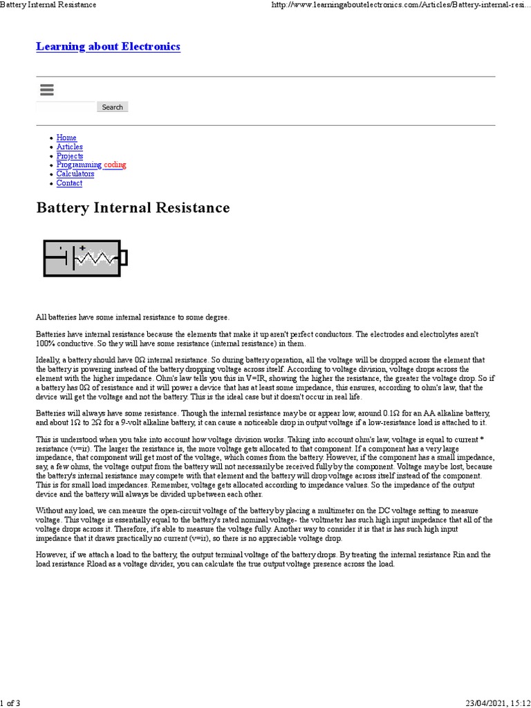 Battery Internal Resistance | PDF | Voltage | Electrical Resistance And ...