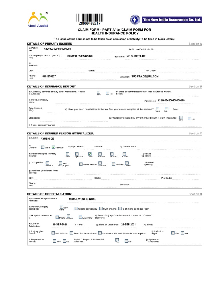 Claim Form - Part A' To 'Claim Form For Health Insurance Policy | PDF ...