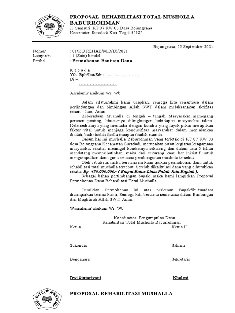 Proposal Rehab Musholla Baburrohman Bojongsana Dengan RAB | PDF