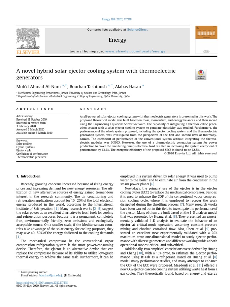 A Novel Hybrid Solar Ejector Cooling System With Thermoelectric ...