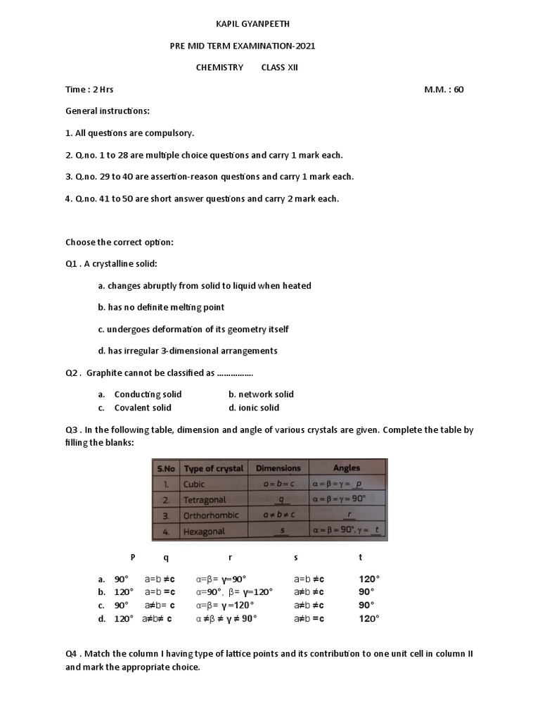 Class 12 Chemistry Question Paper | PDF | Solubility | Chlorine