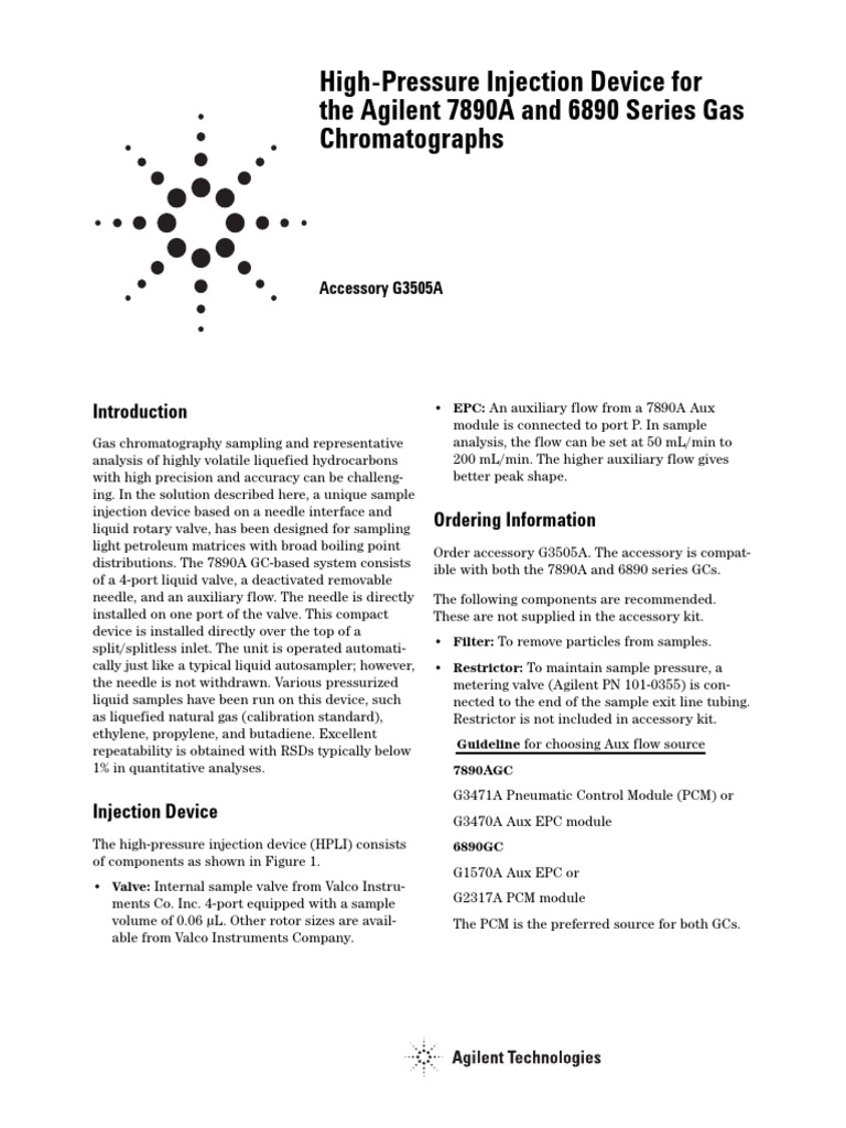 High-Pressure Injection Device For The Agilent 7890A and 6890 Series ...