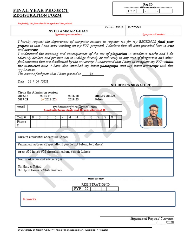 Final Year Project: Registration Form | PDF | Computing