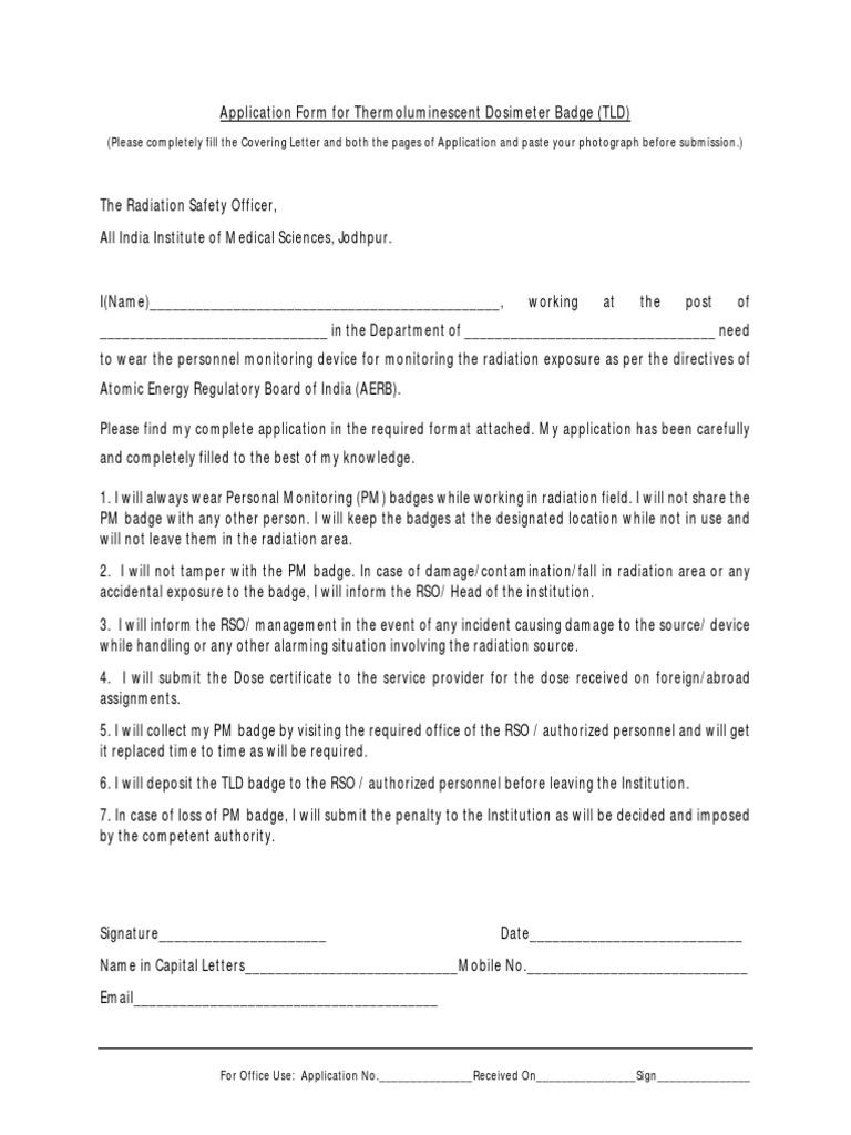 Application Form For TLD Badge | PDF | Radiography | Radiation Therapy