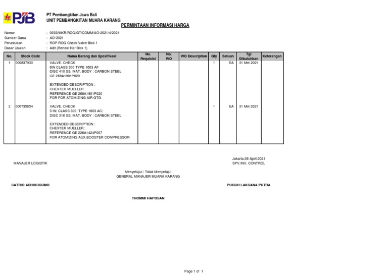 000430.RO-600-UPMK-2021 - ROP ROQ Check Valve Blok 1 | PDF
