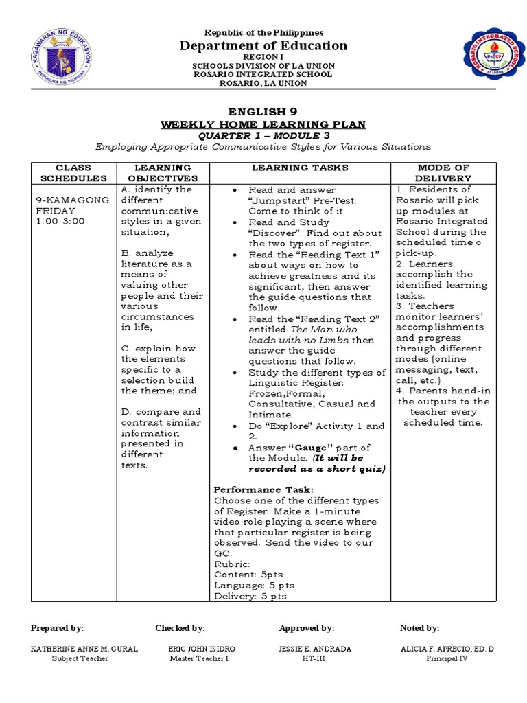 English 9 Weekly Learning Plan: Module 3 | PDF | Learning | Teachers