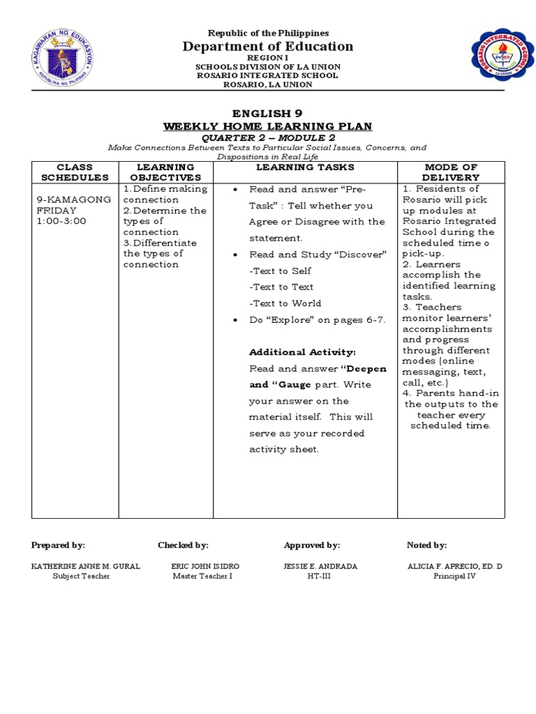 English 9 Weekly Learning Plan Q2 Module 2 | PDF | Learning | Teachers