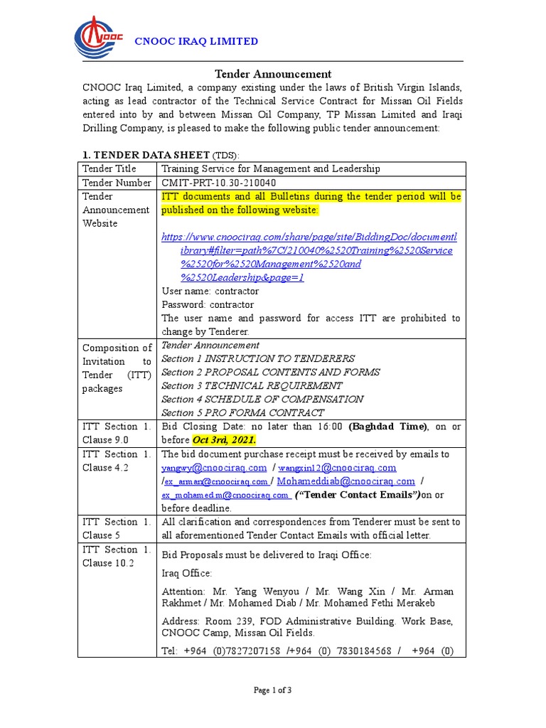 Tender Data Sheet & Announcement (EN) - 210040 | PDF | Business