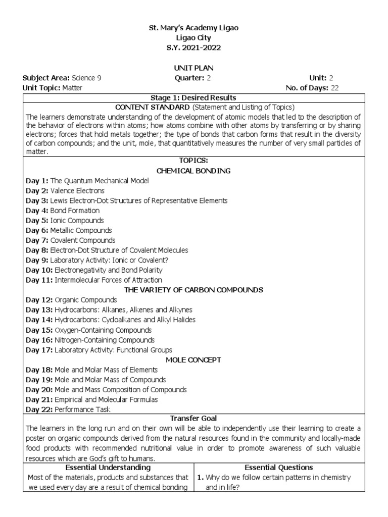 SCIENCE 9 UNIT PLAN Quarter 2 | PDF | Chemical Bond | Covalent Bond