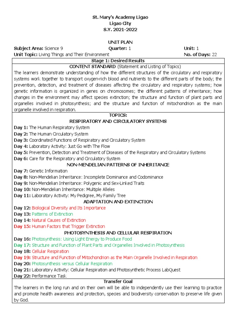 SCIENCE 9 UNIT PLAN Quarter 1 | PDF | Dominance (Genetics) | Heredity