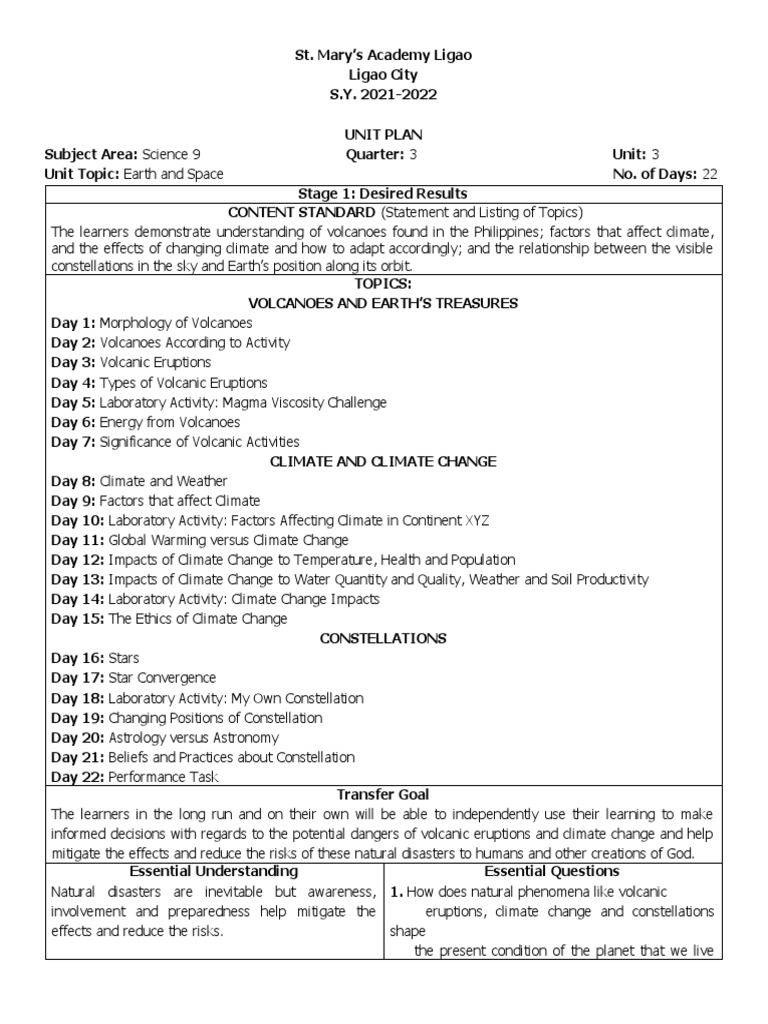 Science 9 Unit Plan Quarter 3 | PDF | Volcano | Climate Change