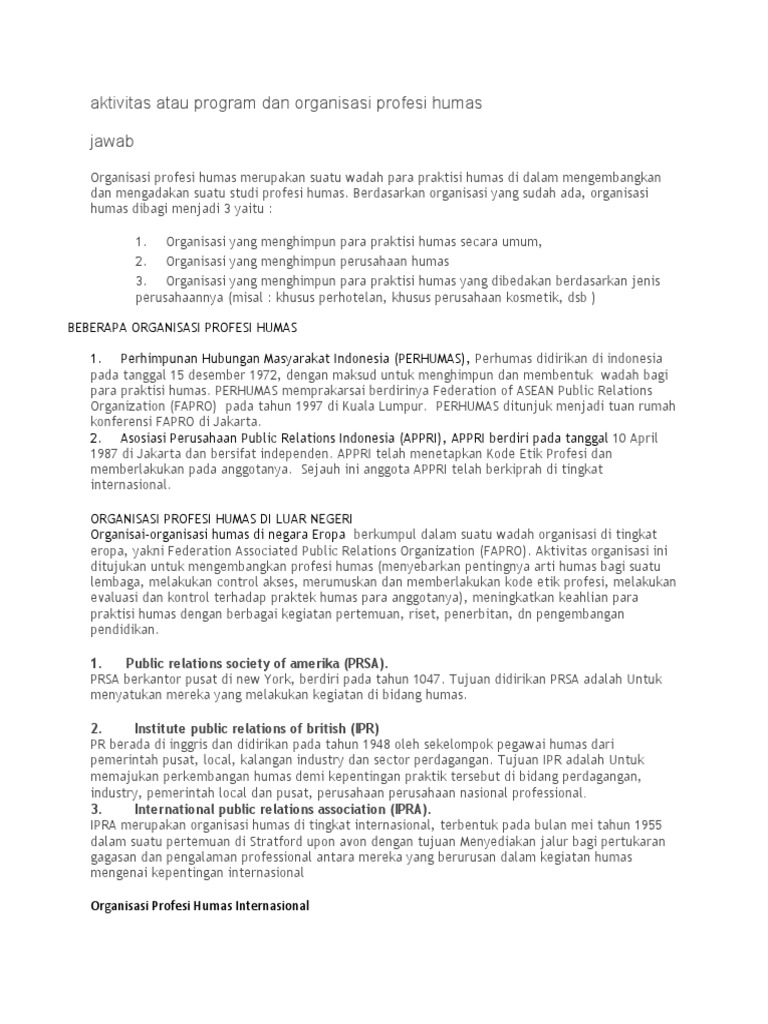 Aktivitas Atau Program Dan Organisasi Profesi Humas | PDF