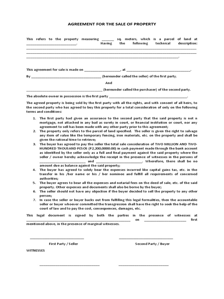 Agreement For The Sale of Property | PDF | Sales | Property
