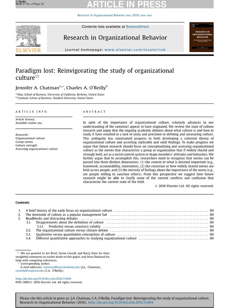 Research in Organizational Behavior: Jennifer A. Chatman, Charles A. O ...